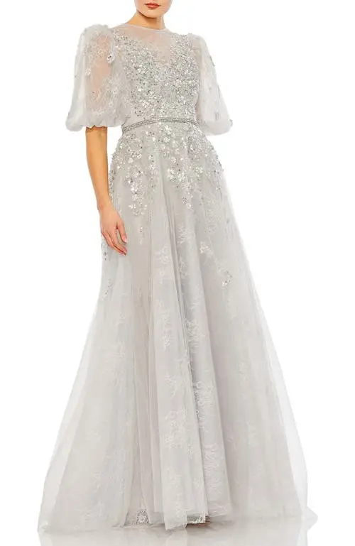 Mac Duggal Embellished Puff Sleeve A-line Gown - Platinum