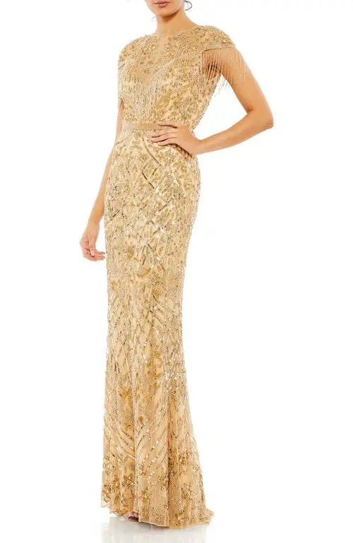 Mac Duggal Embellished Fringe Trumpet Gown - Light Gold