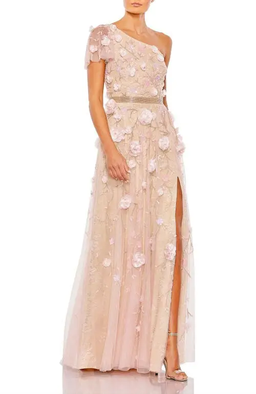 Mac Duggal Floral Embellished One Shoulder Gown - Blush Gold