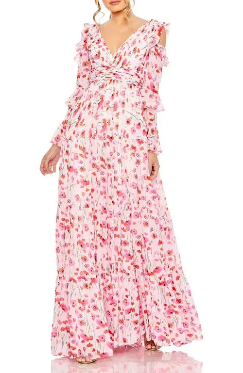 Mac Duggal Ruffle Sleeve Floral Print Gown