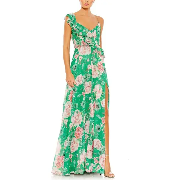 Mac Duggal Floral Print Ruffled A-line Gown