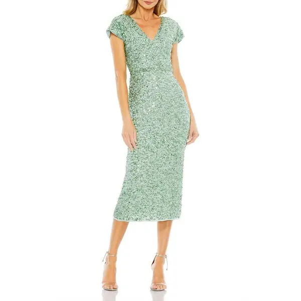 Mac Duggal Sequined Wrap-over Cocktail Dress - Sage