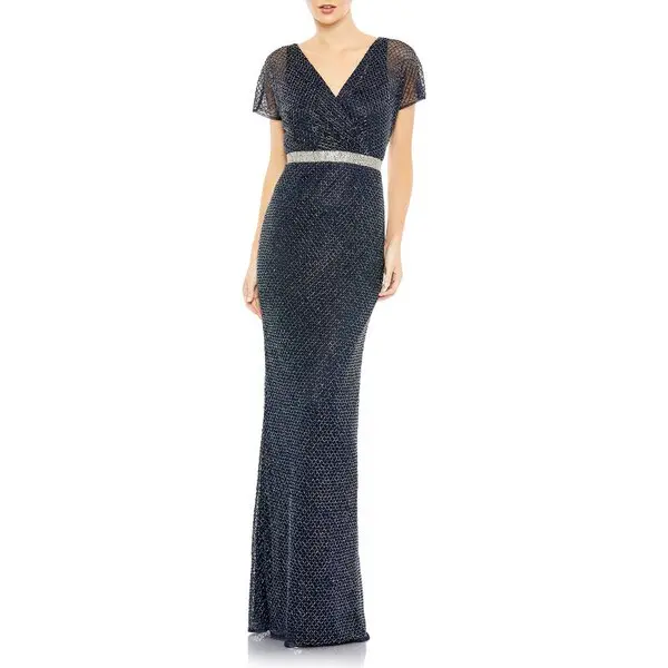 Mac Duggal Beaded Butterfly Sleeve Column Gown - Midnight