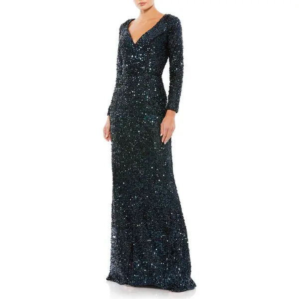 Mac Duggal Long Sleeve Sequined Gown