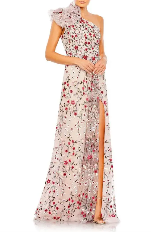 Mac Duggal Embellished Ruffled One-shoulder Gown - Rose Multi