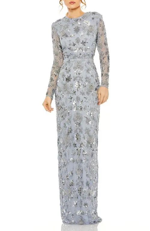 Mac Duggal High Neck Long Sleeve Embellished Column Gown - Slate Blue