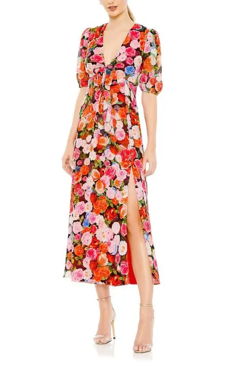 Mac Duggal Floral Print Puff Sleeve Midi Dress - Rose Multi