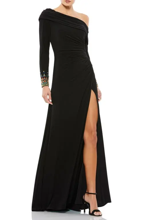 Mac Duggal Jeweled Cuff Faux Wrap Gown - Black Multi