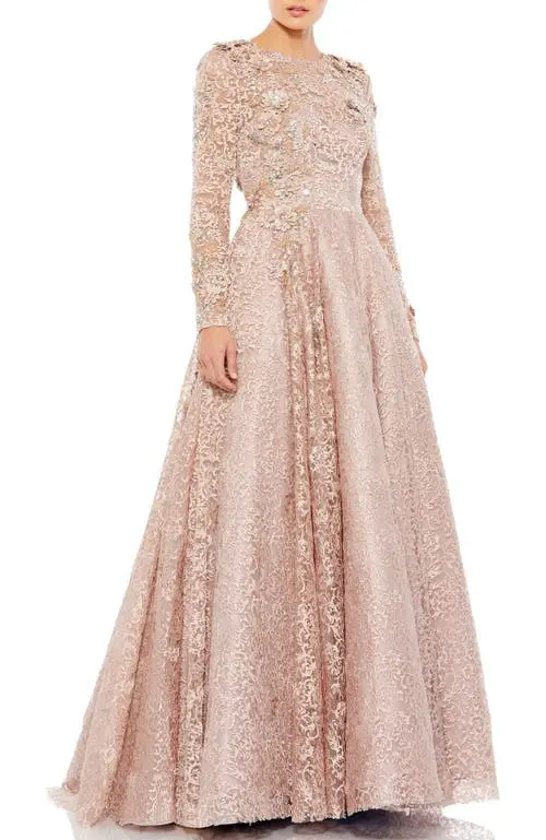 Mac Duggal Embellished Illusion Long Sleeve A-line Gown - Mocha