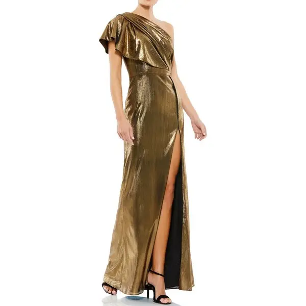 Mac Duggal Ruffled One-shoulder Metallic Gown - Bronze