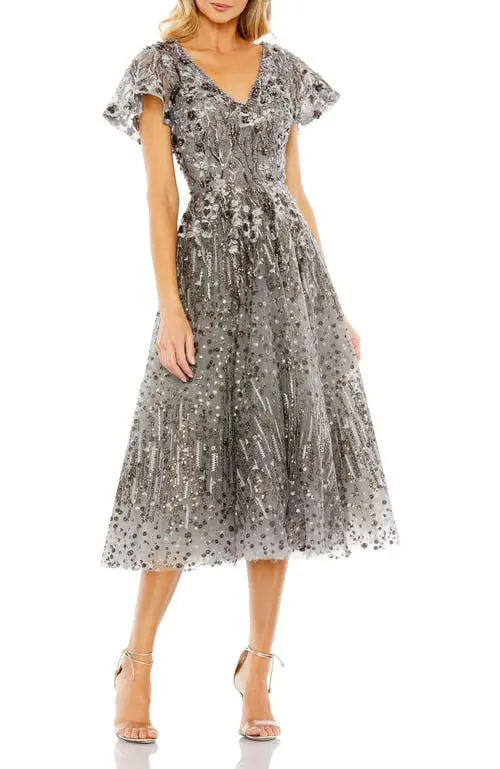 Mac Duggal Embellished Butterfly Tea-length Dress - Gunmetal