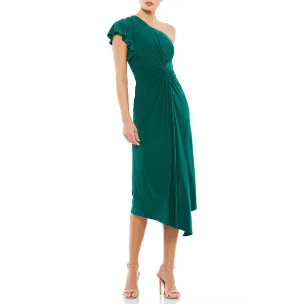 Mac Duggal One-shoulder Midi Dress - Emerald
