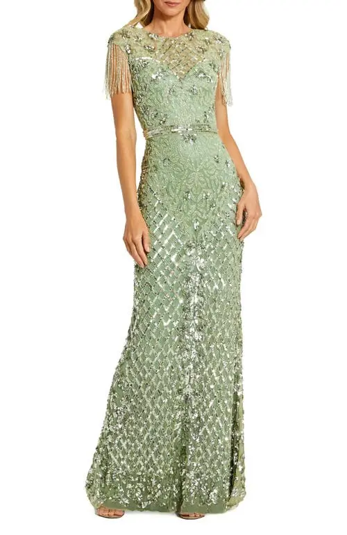 Mac Duggal High Neck Beaded Fringe Gown - Sage