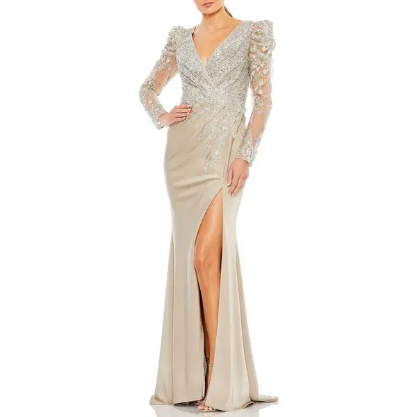 Mac Duggal Embellished Faux Wrap Illusion Puff Sleeve Gown - Taupe
