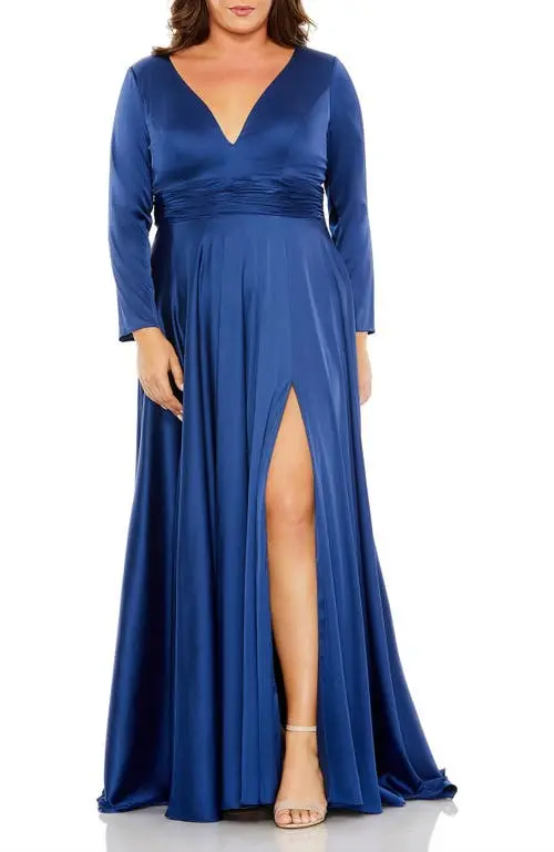 Mac Duggal Quarter Sleeve Satin A-line Gown - Midnight