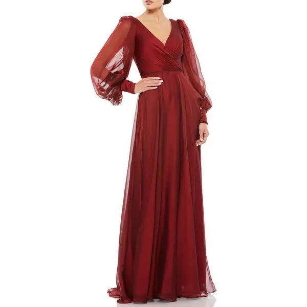 Mac Duggal Sheer Blouson Sleeve Surplice Gown - Garnet