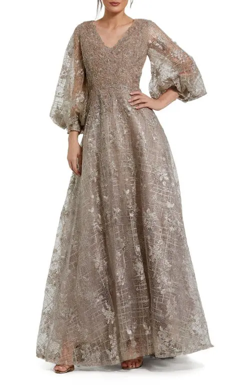 Mac Duggal Embellished Plunge Neck A-line Gown - Mocha