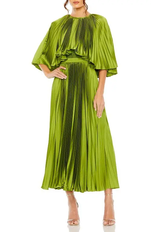 Mac Duggal Pleated Capelet Tea-length Dress - Apple Green