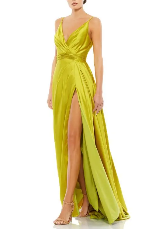 Mac Duggal Sleeveless Faux Wrap Draped Gown - Chartreuse