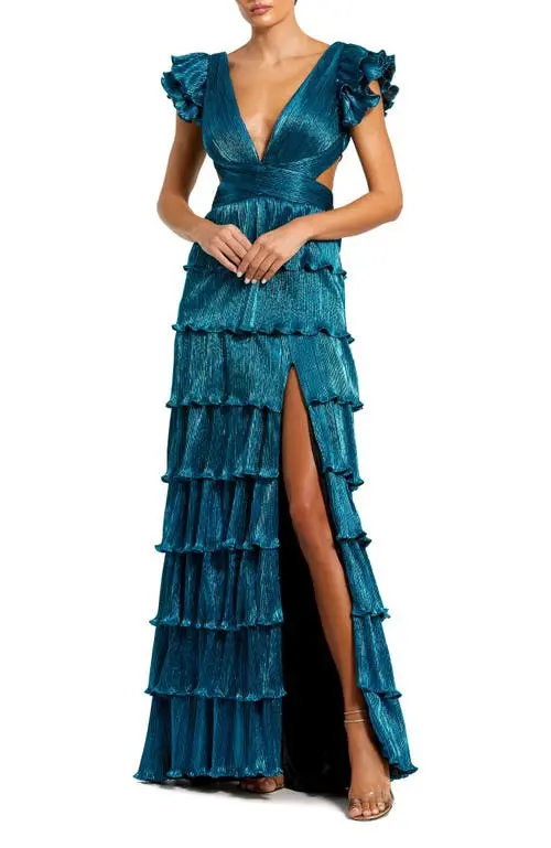 Mac Duggal Ruffle Tiered Lace-up Gown - Blue