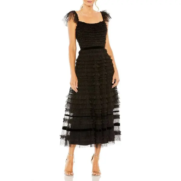 Mac Duggal Ruffle Cap Sleeve Embellished Tiered Midi Dress - Black