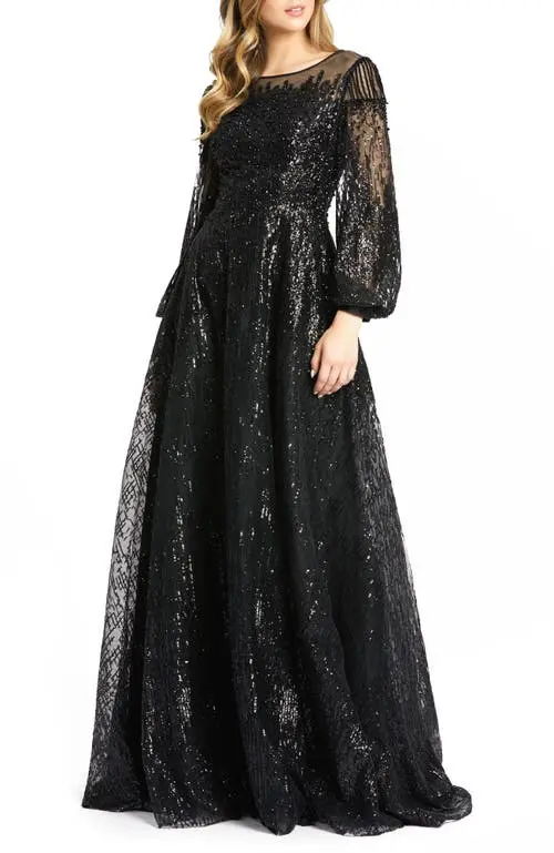 Mac Duggal Jewel Encrusted Illusion Long Sleeve A-line Gown - Black