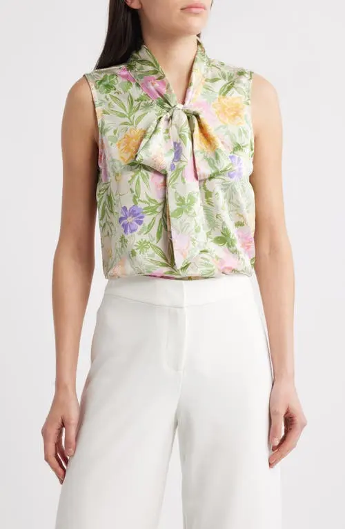 TAHARI ASL Floral Bow Neck Charmeuse Top