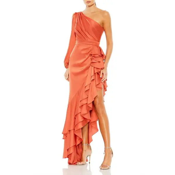 Mac Duggal One-sleeve Ruffled Gown - Orange