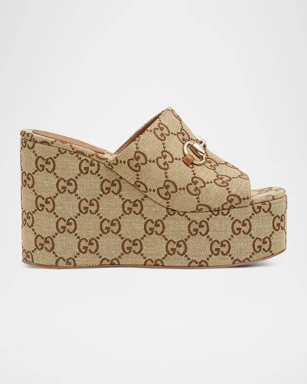 Gucci Carmen Gg Canvas Platform Wedge Sandals - Camel Ebony Sundial