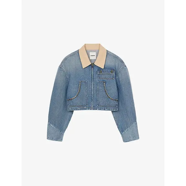 Sandro Contrast-collar Stud-embellished Cropped Denim Jacket