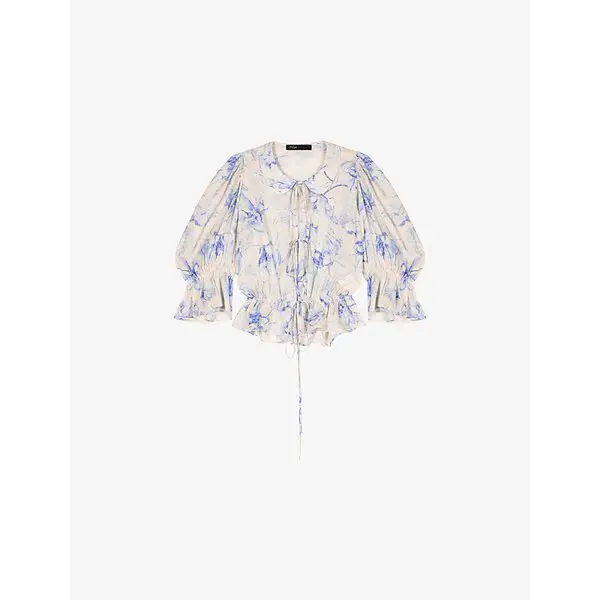 Maje Floral-print Tie-up Linen-blend Blouse - Bleus