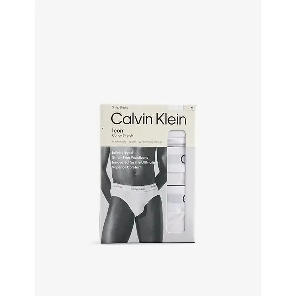 Calvin Klein Icon Logo-waistband Pack Of Three Stretch-cotton Hip Briefs - White/white/white