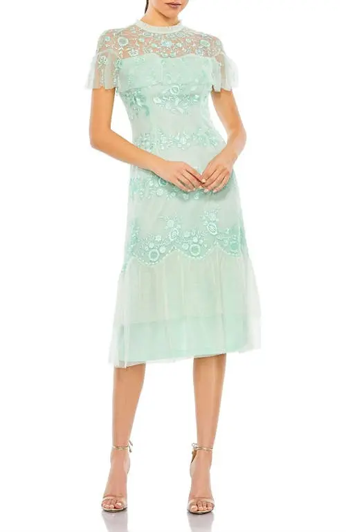 Mac Duggal Embroidered Ruffled Cap Sleeve Midi Dress