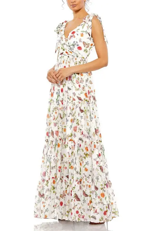 Mac Duggal Floral Print Gown With Tie Straps
