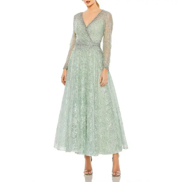 Mac Duggal Embellished Long Sleeve Midi Dress - Sage