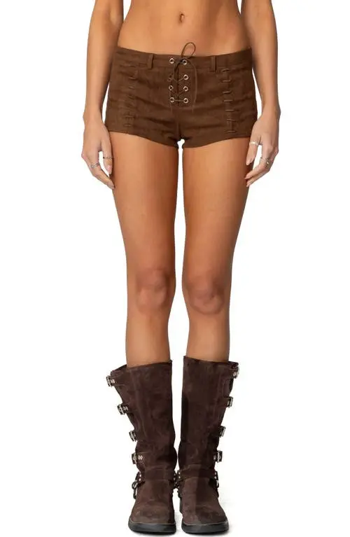 EDIKTED Sloane Faux Suede Micro Shorts - Brown