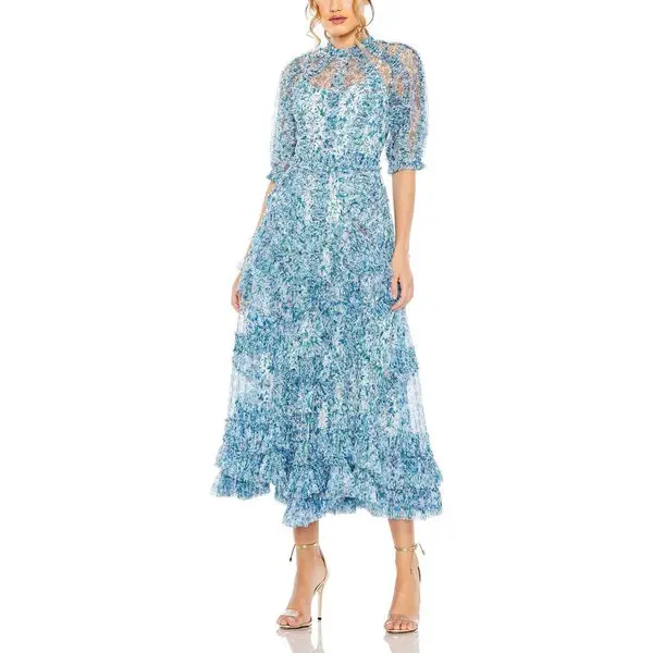 Mac Duggal Puff Sleeve Floral Print Mesh Dress