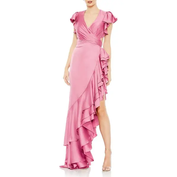 Mac Duggal Flutter Sleeve Asymmetrical Ruffled Gown