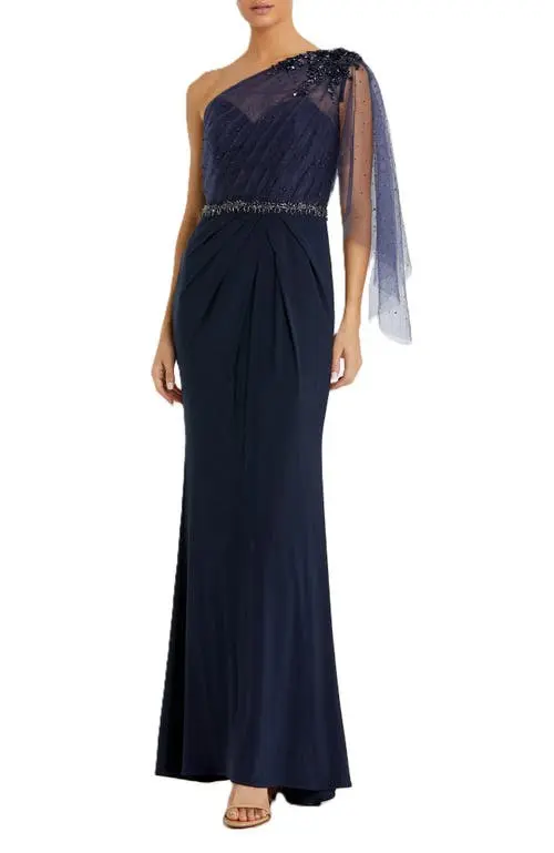 Mac Duggal Embellished One-shoulder Draped Gown