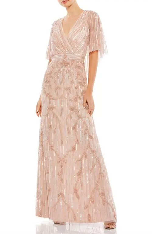 Mac Duggal Embellished Cap Sleeve Faux Wrap Trumpet Gown - Blush