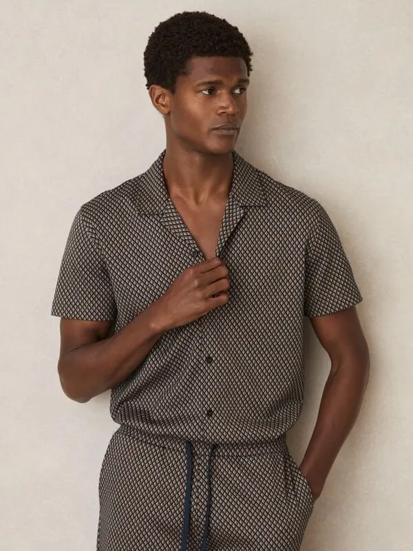 REISS Drakes Geometric Jacquard Cuban-collar Shirt - Tobacco Brown/navy