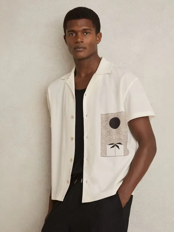 REISS Coast Graphic Print Cuban-collar Shirt - White