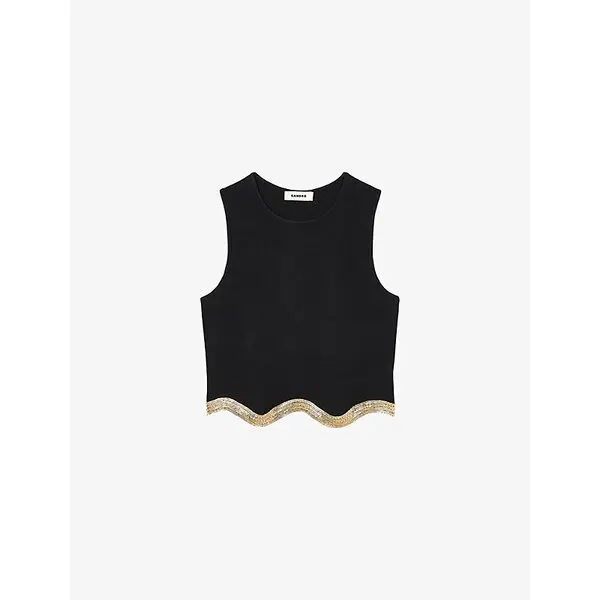 Sandro Chain-embellished Scalloped-hem Stretch-woven Jumper