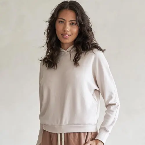 EAVOLU Baikal Eco-luxe Fleece Dolman Crop Hoodie - Bone
