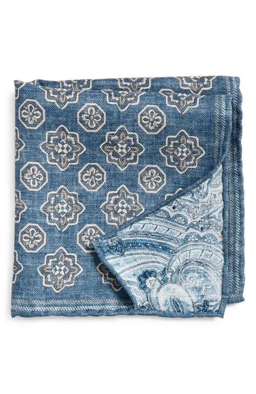 EDWARD ARMAH Medallion & Paisley Reversible Silk Pocket Square - Denim