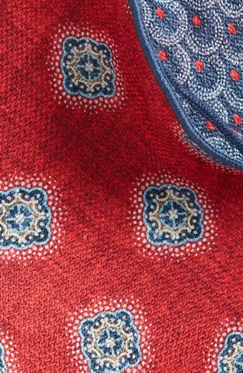 EDWARD ARMAH Medallion & Feather Reversible Silk Pocket Square Circle - Brick