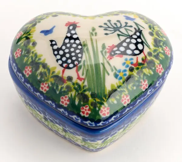 LIDIA'S POLISH POTTERY Hand Painted Heart Box W/ Lid