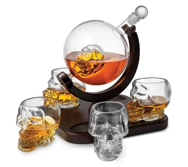 GODINGER Skull 5 Piece Whiskey Decanter Set