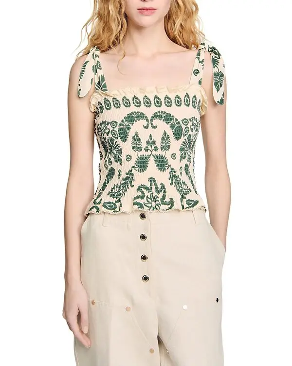 Sandro Floral Motif Smocked Top - Ecru/green