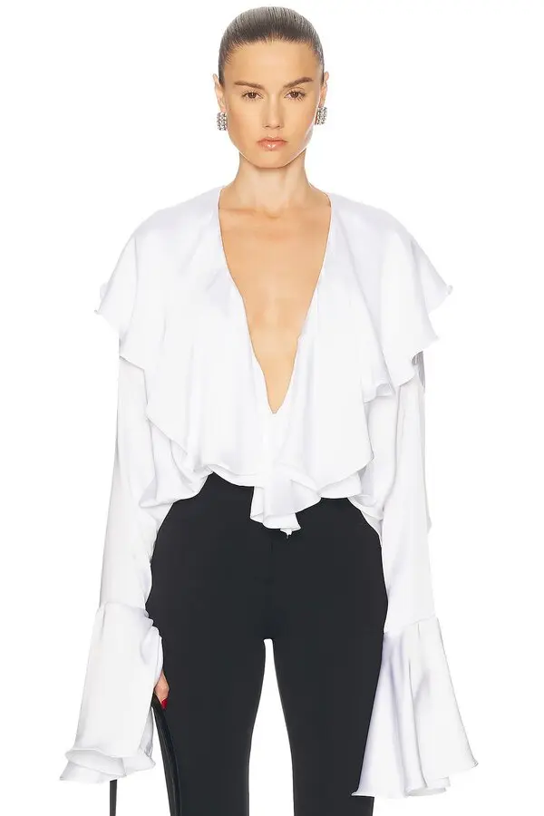 Norma Kamali Long Sleeve Deep V Ruffle Bodysuit - Snow White